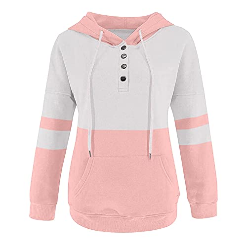 Winnerlion Hoodies Pullover for Womens Button Down Drawstring Hooded Pocket Casual Long Sleeve V Neck Sweatshirts (Pink, S)