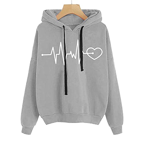 Winnerlion Pullover Sweatshirts for Women Casual Printed Hoodies Long-Sleeved Sweatshirt Drawstring Hooded Tops (Gray, S)