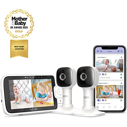 HUBBLE Connected Nursery Pal Cloud Twin Smart Wi-Fi Enabled Baby Monitor with 5-inch HD Color Parent Unit Viewer, 2-Camera Units, Preloaded Soothing Sounds, White Noise, Story and Game Content