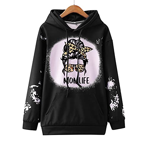 Winnerlion Distressed Hoodies Sweatshirts for Women Momlife Printed Casual Athletic Hooded Sweatshirt Pullover Tops (Black, XXL)