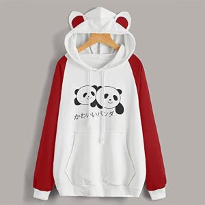 Winnerlion Hoodies Sweatershirts for Women's Casual Ear Loose Long Sleeved Panda Printed Hooded Pullover Top (Red, XL)