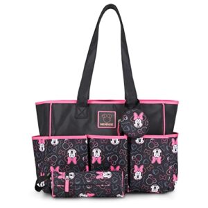 disney baby girl multi piece tote diaper bag, minnie-toss print