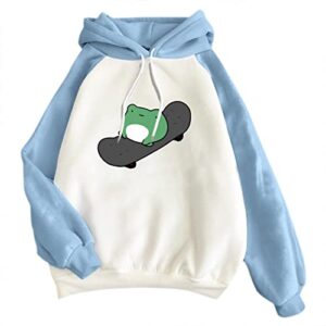 frog skateboard hooded sweatshirt for women's fashion stitching cute long-sleeve hoodies sweatshirts pullover top (blue, m)