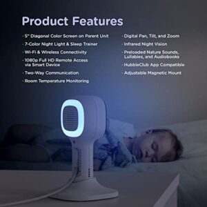 HUBBLE Connected Nursery Pal Cloud Twin Smart Wi-Fi Enabled Baby Monitor with 5-inch HD Color Parent Unit Viewer, 2-Camera Units, Preloaded Soothing Sounds, White Noise, Story and Game Content