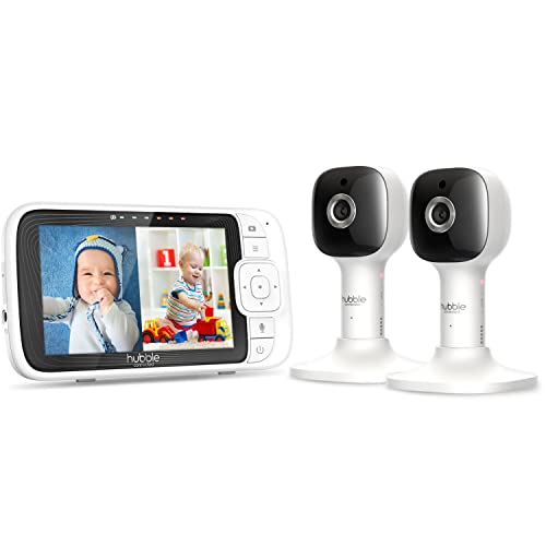 HUBBLE Connected Nursery Pal Cloud Twin Smart Wi-Fi Enabled Baby Monitor with 5-inch HD Color Parent Unit Viewer, 2-Camera Units, Preloaded Soothing Sounds, White Noise, Story and Game Content