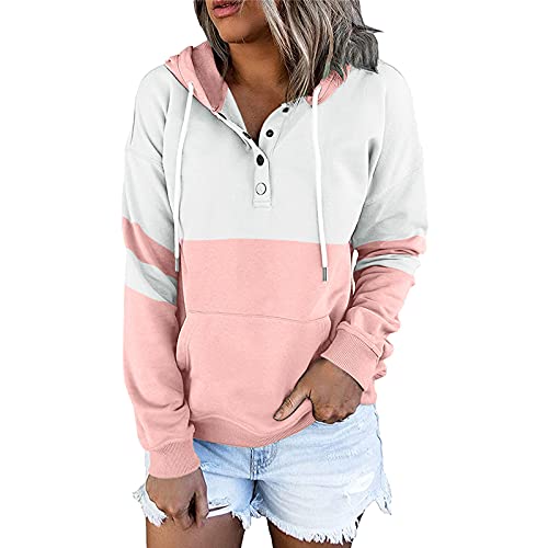 Winnerlion Hoodies Pullover for Womens Button Down Drawstring Hooded Pocket Casual Long Sleeve V Neck Sweatshirts (Pink, S)