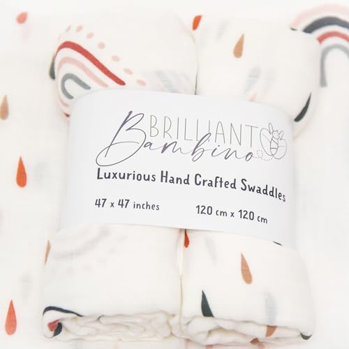 Brilliant Bambino - Baby Swaddle Blanket - 2 Pack | Boho Rainbows + Raindrops Set | Muslin Cotton Blend | Newborn Essentials | Boys & Girls Baby Stuff | Receiving Blanket | Rainbow Baby |