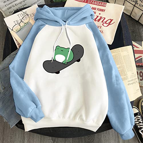 Frog Skateboard Hooded Sweatshirt for Women's Fashion Stitching Cute Long-Sleeve Hoodies Sweatshirts Pullover Top (Blue, M)