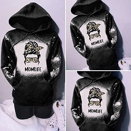 Winnerlion Distressed Hoodies Sweatshirts for Women Momlife Printed Casual Athletic Hooded Sweatshirt Pullover Tops (Black, XXL)