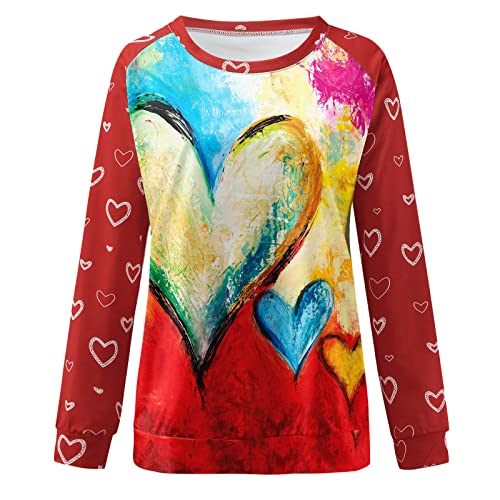 Winnerlion Women's Valentine's Day Love Heart Graphic Sweatshirt Heart Shirts Casual Crewneck Long Sleeve Pullover Tops (Red, M)