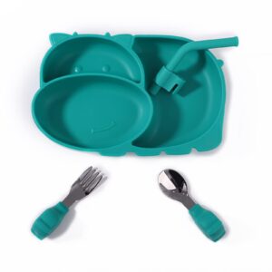 moteerllu silicone divided toddler plates bpa free portable non slip suction plate with spoon and fork set-cow,dishwasher and microwave safe. (green)