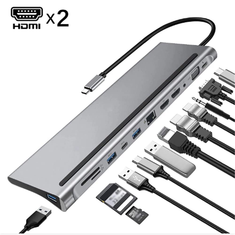 WPYYI 12 in 1 USB C Hub Laptop Docking Station Type-C to Dual HDMI-Compatible/VGA/USB 3.0 Hub/PD/RJ/Micro-SD/TF Card Dock Adapter