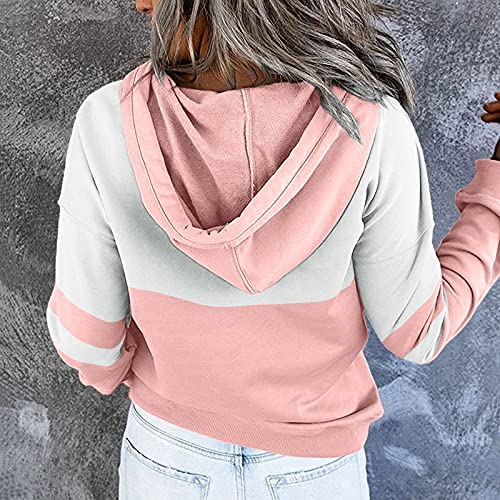 Winnerlion Hoodies Pullover for Womens Button Down Drawstring Hooded Pocket Casual Long Sleeve V Neck Sweatshirts (Pink, S)