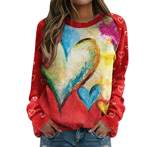 Winnerlion Women's Valentine's Day Love Heart Graphic Sweatshirt Heart Shirts Casual Crewneck Long Sleeve Pullover Tops (Red, M)