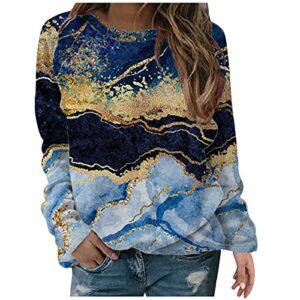 Winnerlion Long Sleeve Sweatershirts for Women Geometry Print Round Neck Stitching Sweatershirt Pullover Tops (Blue A, XXXL)