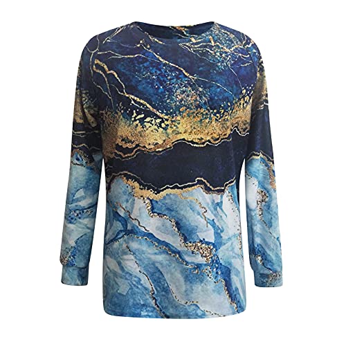 Winnerlion Long Sleeve Sweatershirts for Women Geometry Print Round Neck Stitching Sweatershirt Pullover Tops (Blue A, XXXL)