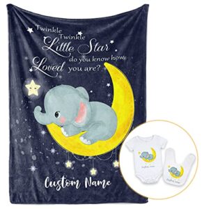 pavo personalized baby blankets for boys girls - twinkle twinkle little star baby elephant blanket - includes bib & onesie option - personalized baby gifts for christmas, thanksgiving, shower