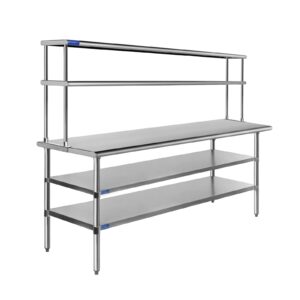 24" x 60" stainless steel work table with two shelves and 12" wide double tier overshelf | metal kitchen prep table & shelving combo