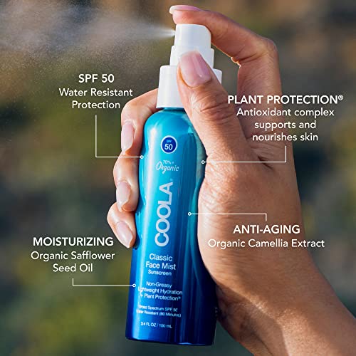 COOLA Organic Sunscreen SPF 50 Sunblock Face Mist, Dermatologist Tested Skin Care for Daily Protection, Vegan and Gluten Free, Natural Fragrance, 3.4 Fl Oz