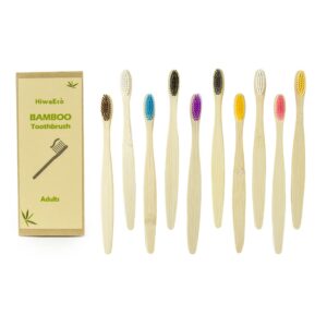 hiweeco bamboo toothbrushes soft bristles, charcoal toothbrushes adult biodegradable natural tooth brush 10 packs