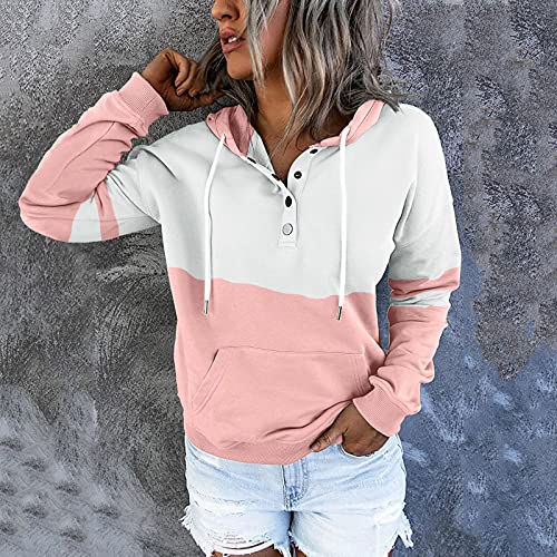 Winnerlion Hoodies Pullover for Womens Button Down Drawstring Hooded Pocket Casual Long Sleeve V Neck Sweatshirts (Pink, S)