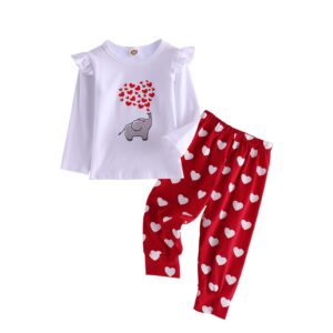 izyjoy toddler baby girls valentine's day clothes love elephant ruffle long sleeve top heart printed pant casual outfit set (red, 5-6x)