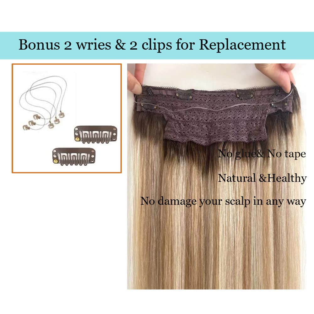 Halos Hair Extensions, Fish Line Hair Extensions, Wire Extensions Human Hair,14Inch 70g Ombre Balayage Ash Brown to Dirty Blonde and and Platinum Blonde Highlights Straight Hairpiece Flip in Hair Extensions Clip in Extensions with Invisible Fish Line Hair