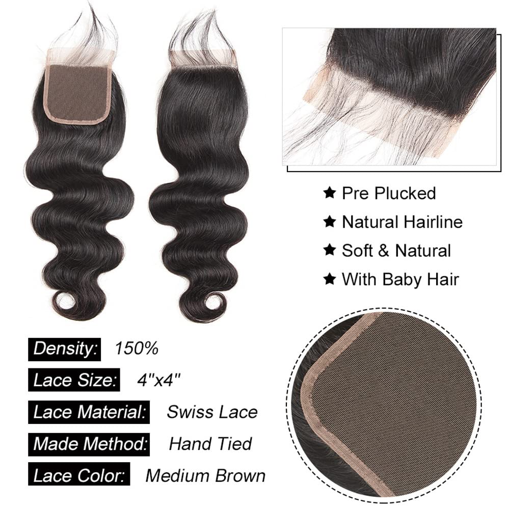 Aopusi Human Hair Bundles with Closure (22 24 26+20，Free Part) Body Wave Bundles with Lace Closure Brazilian Human Hair Weave Bundles with Closure Virgin Hair Weft 150% Density Natural Color