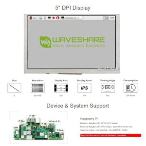 Waveshare 5inch Display Compatible with Raspberry Pi 5/4B/3B/Zero/Zero W/Zero 2W/Pico/Pico W/Pico WH 800×480 Resolution DPI Interface IPS No Touch