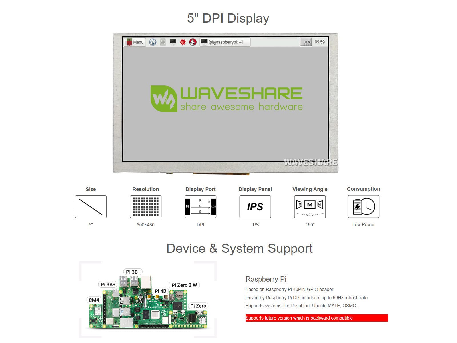 Waveshare 5inch Display Compatible with Raspberry Pi 5/4B/3B/Zero/Zero W/Zero 2W/Pico/Pico W/Pico WH 800×480 Resolution DPI Interface IPS No Touch