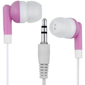 lowcostearbuds bulk pack of 25 pink/white earbuds/headphones - individually bagged