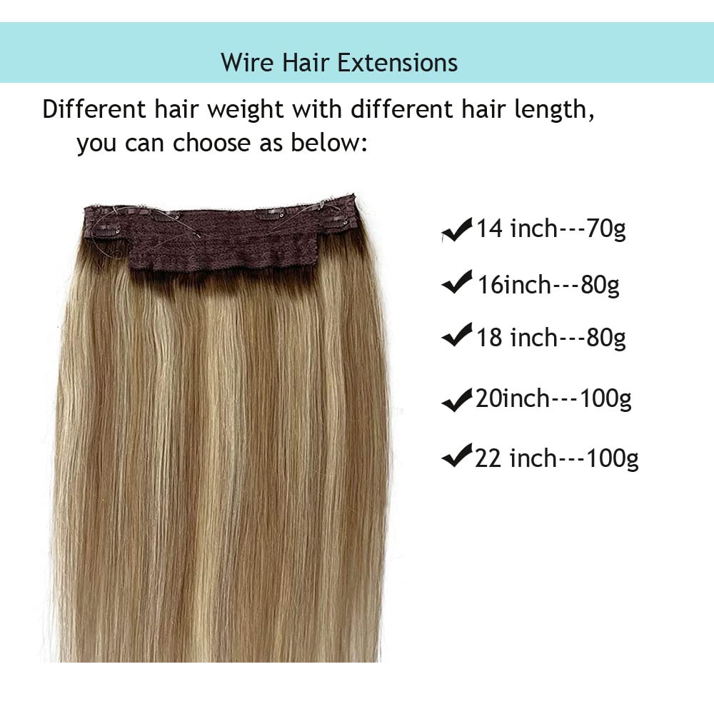 Halos Hair Extensions, Fish Line Hair Extensions, Wire Extensions Human Hair,14Inch 70g Ombre Balayage Ash Brown to Dirty Blonde and and Platinum Blonde Highlights Straight Hairpiece Flip in Hair Extensions Clip in Extensions with Invisible Fish Line Hair