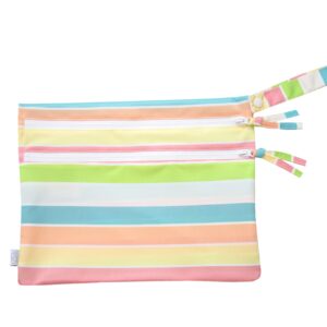 BapronBaby Rainbow Stripes Wet Dry Bag - Waterproof Two Zipper Pockets - Reusable for Mealtime, Diapers, Stroller, Snacks, Swimsuits - Machine Washable - 11" x 9"