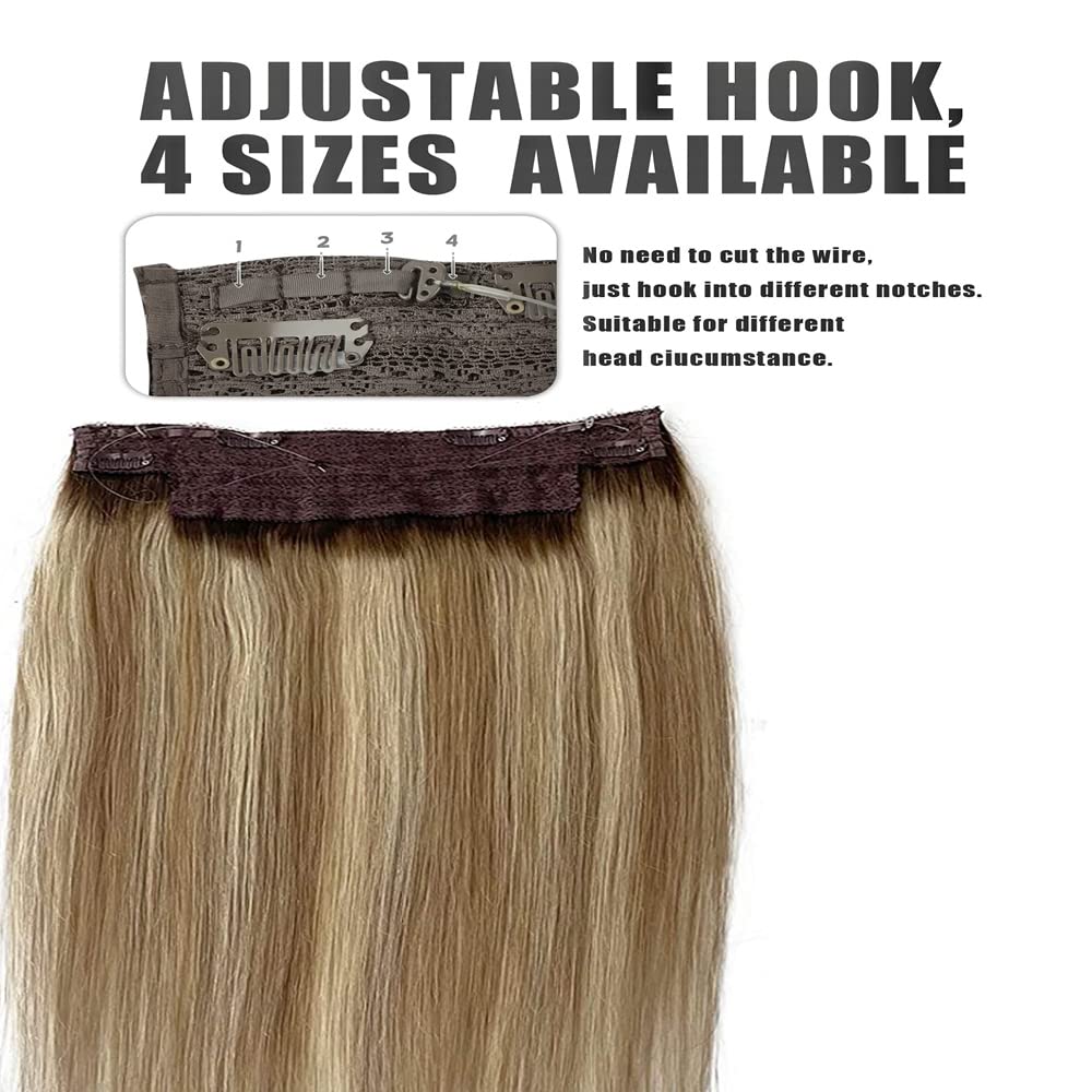 Halos Hair Extensions, Fish Line Hair Extensions, Wire Extensions Human Hair,14Inch 70g Ombre Balayage Ash Brown to Dirty Blonde and and Platinum Blonde Highlights Straight Hairpiece Flip in Hair Extensions Clip in Extensions with Invisible Fish Line Hair