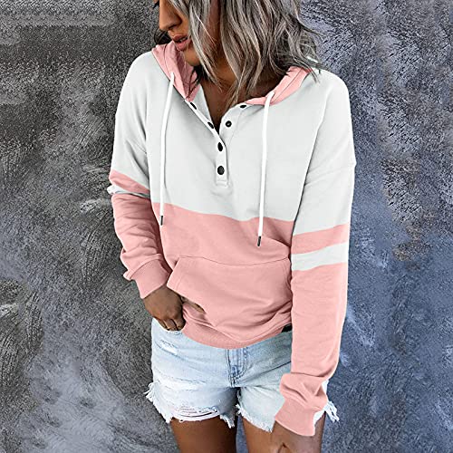 Winnerlion Hoodies Pullover for Womens Button Down Drawstring Hooded Pocket Casual Long Sleeve V Neck Sweatshirts (Pink, S)