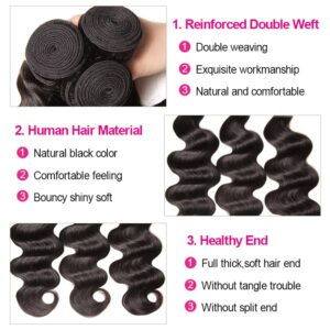 Aopusi Human Hair Bundles with Closure (22 24 26+20，Free Part) Body Wave Bundles with Lace Closure Brazilian Human Hair Weave Bundles with Closure Virgin Hair Weft 150% Density Natural Color