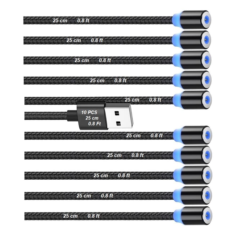 Magnetic Charging Cable 10pcs,Just Short USB Cables No Magnetic Charging Tips,[0.6~0.8ft/20~25cm,2.4 A Max) i Style Nylon Braid Cord,Compatibility Charger Station/Mobile Power&More Devices (Black)