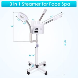 Seeutek Pro Rolling Facial Steamers for Face Professional 3 in 1 Facial Steamer Humidifier with 5X Mag Lamp,Face Steamer Standing Warm Cold Mist Digital LCD Screen for Home Salon Spa