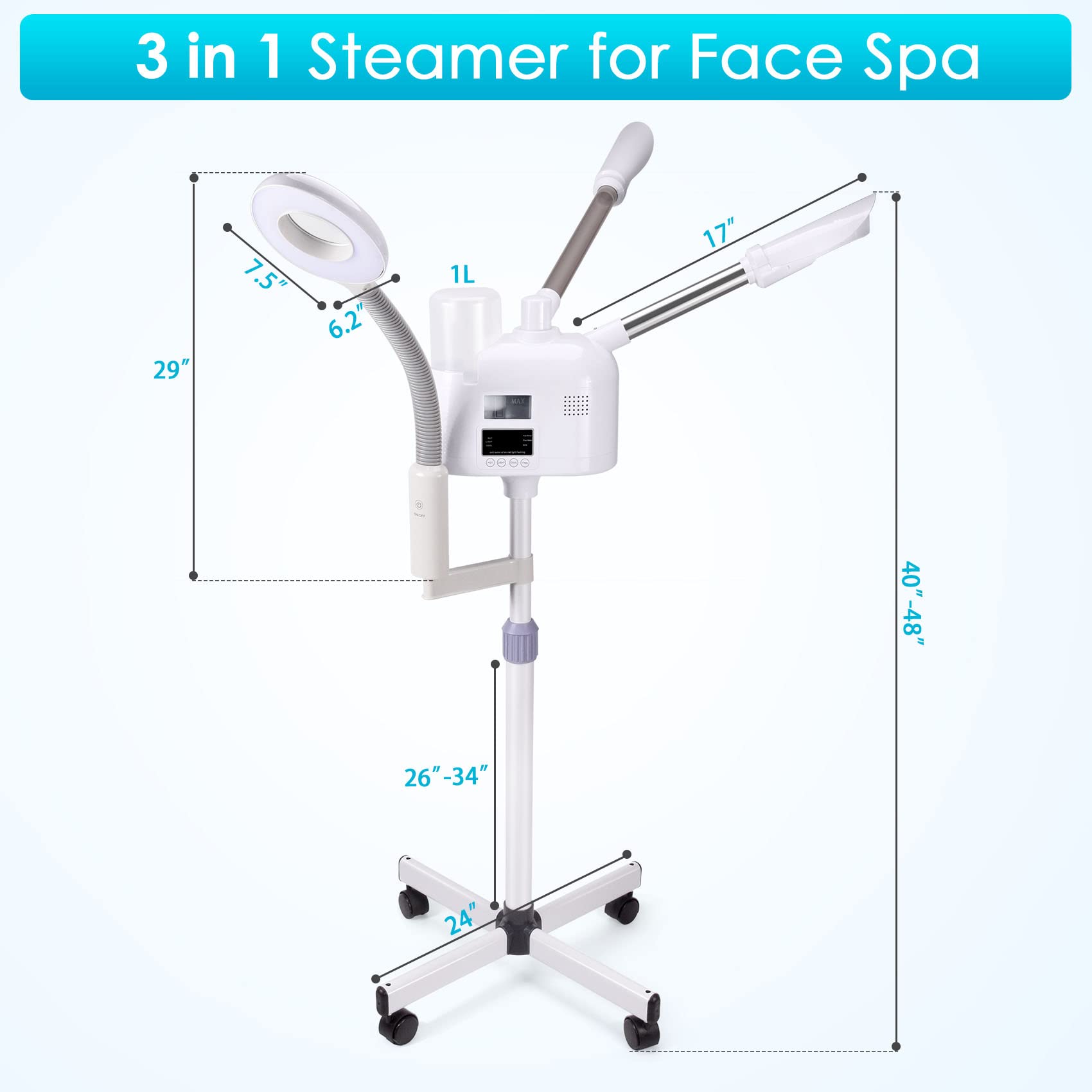 Seeutek Pro Rolling Facial Steamers for Face Professional 3 in 1 Facial Steamer Humidifier with 5X Mag Lamp,Face Steamer Standing Warm Cold Mist Digital LCD Screen for Home Salon Spa