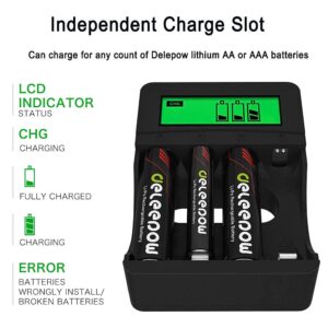 Deleepow Rechargeable AAA Batteries 1200mWh AAA Lithium Rechargeable Batteries 4-Pack 1.5V 1500 Cycle with LCD Charger