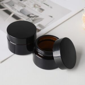 OverNews 1oz Amber Glass Jar, Empty Cosmetic Lotion Containers,with Inner Liners,Black Lid, Spatula