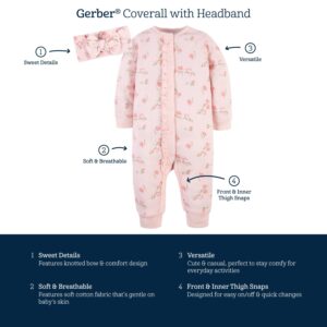 Gerber Baby Girls' 4-Piece Coveralls & Headband Sets, Leopard & Floral, 6-9 Months