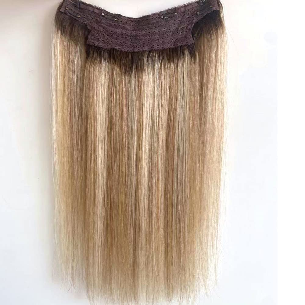 Halos Hair Extensions, Fish Line Hair Extensions, Wire Extensions Human Hair,14Inch 70g Ombre Balayage Ash Brown to Dirty Blonde and and Platinum Blonde Highlights Straight Hairpiece Flip in Hair Extensions Clip in Extensions with Invisible Fish Line Hair