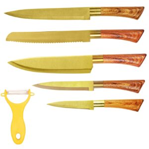 h s t knife set, 6 pieces kitchen knife set without knife block, high carbon stainless steel chef knife sets for kitchen with skin-peeler, gold