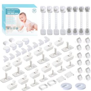 baby proofing kit - magnetic cabinet locks adjustable safety latches for cabinets & drawers, corner protector, outlet covers and door finger pinch guard -complete baby safty kit (50 pack)