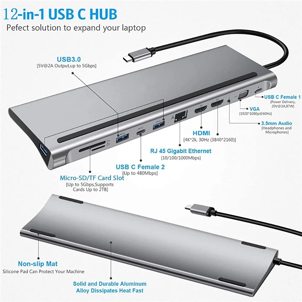 WPYYI 12 in 1 USB C Hub Laptop Docking Station Type-C to Dual HDMI-Compatible/VGA/USB 3.0 Hub/PD/RJ/Micro-SD/TF Card Dock Adapter