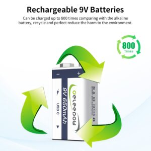 Deleepow Rechargeable 9V Batteries 650mAh USB 9V Lithium Battery 2 Pack with USB-C Cable