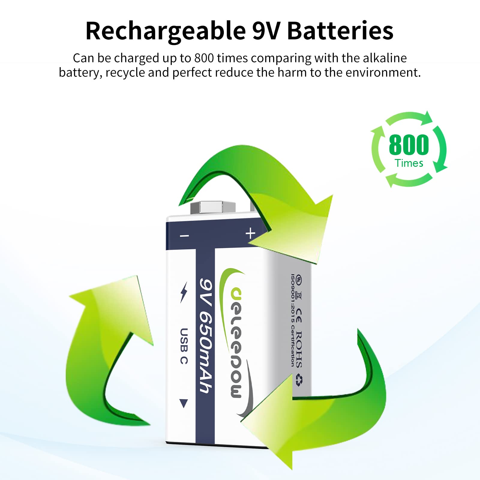 Deleepow Rechargeable 9V Batteries 650mAh USB 9V Lithium Battery 2 Pack with USB-C Cable