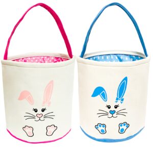 bkdmzzmy 2 pack easter baskets for large foldable bucket tote bags with handle, canvas bunny baskets carry easter rabbit baskets for party holiday easter eggs hunt (pink+blue)