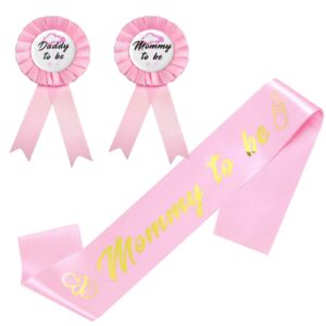 skjiayee baby shower 'mommy to be' and 'daddy to be' badge pins and sash kit(3 pcs, pink) for girl, welcome baby gender reveals party baby sprinkle gifts